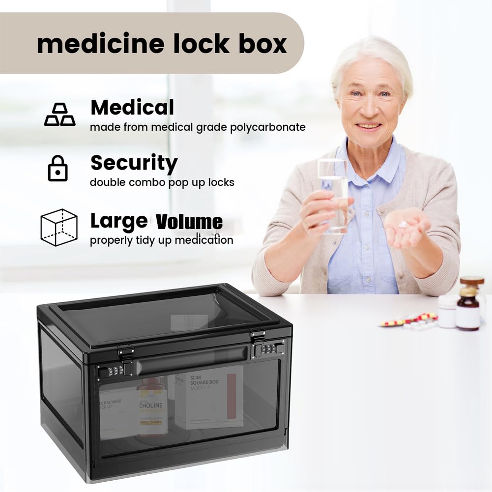 Large Lock Box,Lockable Storage Box with Combination Code 15.3x11x8.6in Stackable Medicine Lock Box for Safe Medication,Storage Box with Lock for Phone/Snacks/Personal Items/Fridge/Office