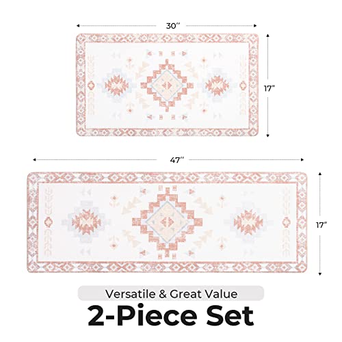 FRESHMINT Anti Fatigue Kitchen Mats for Floor 2 Piece Set, Waterproof & Non-Skid Boho Kitchen Rugs, Cushioned Kitchen Mat for Standing Washable Comfort Desk Kitchen Runners, 17x30+17x47