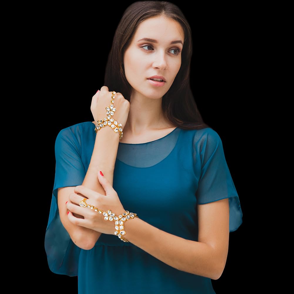 Duel On Jewel Traditional Indian Ethnic Womens Bridal Wedding Party Gold Plated Hand Piece Ornament Haath Phool Bracelet Set Attached with One Adjustable Ring in White Kundan Stone