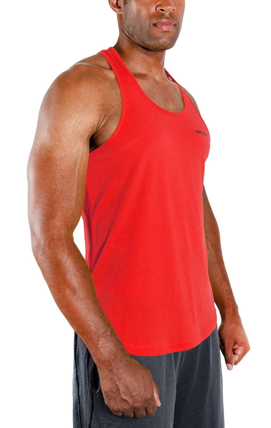 DEVOPS 3 Pack Men's Y-Back Dry Fit Muscle Gym Workout Tank Top (Large, Charcoal/Red/Yellow)