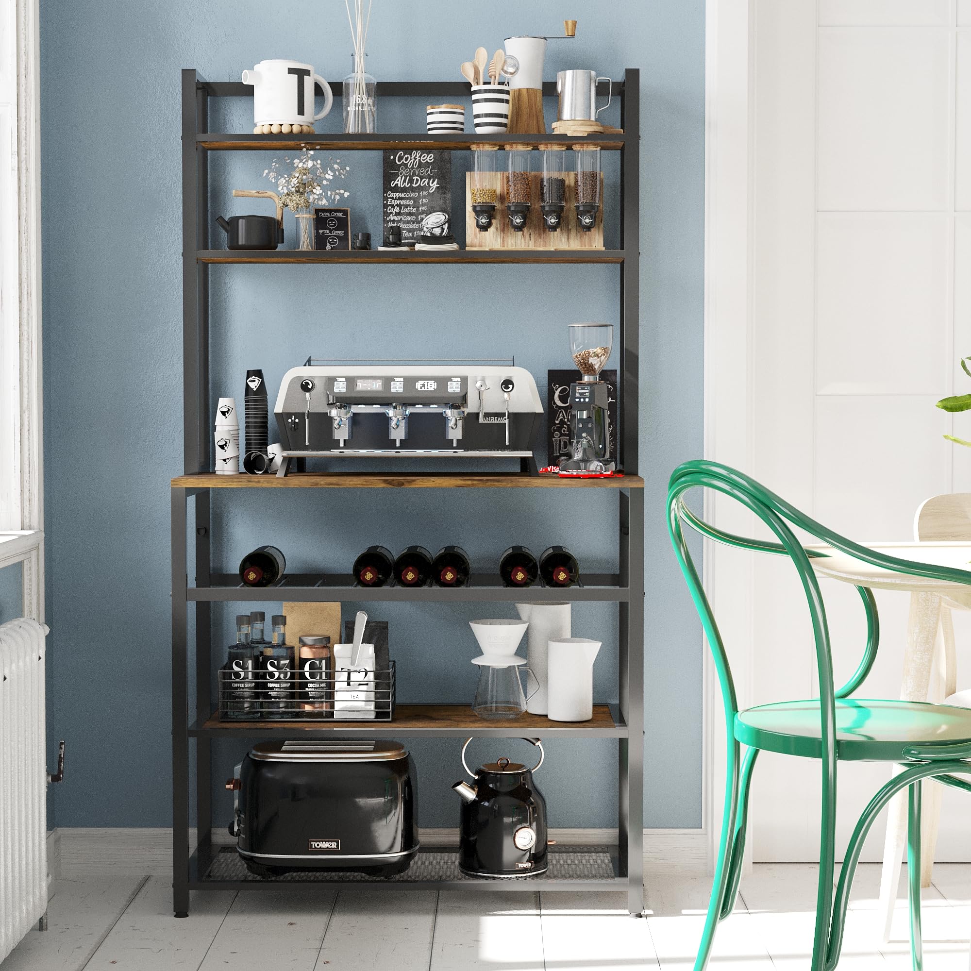 Easyzon 6 Tier Bakers Racks for Kitchens with Storage, Freestanding Coffee Bar, Industrial Microwave Stand with Wine Rack, Kitchen Shelves Organizers and Utility Storage Shelf for Kitchen