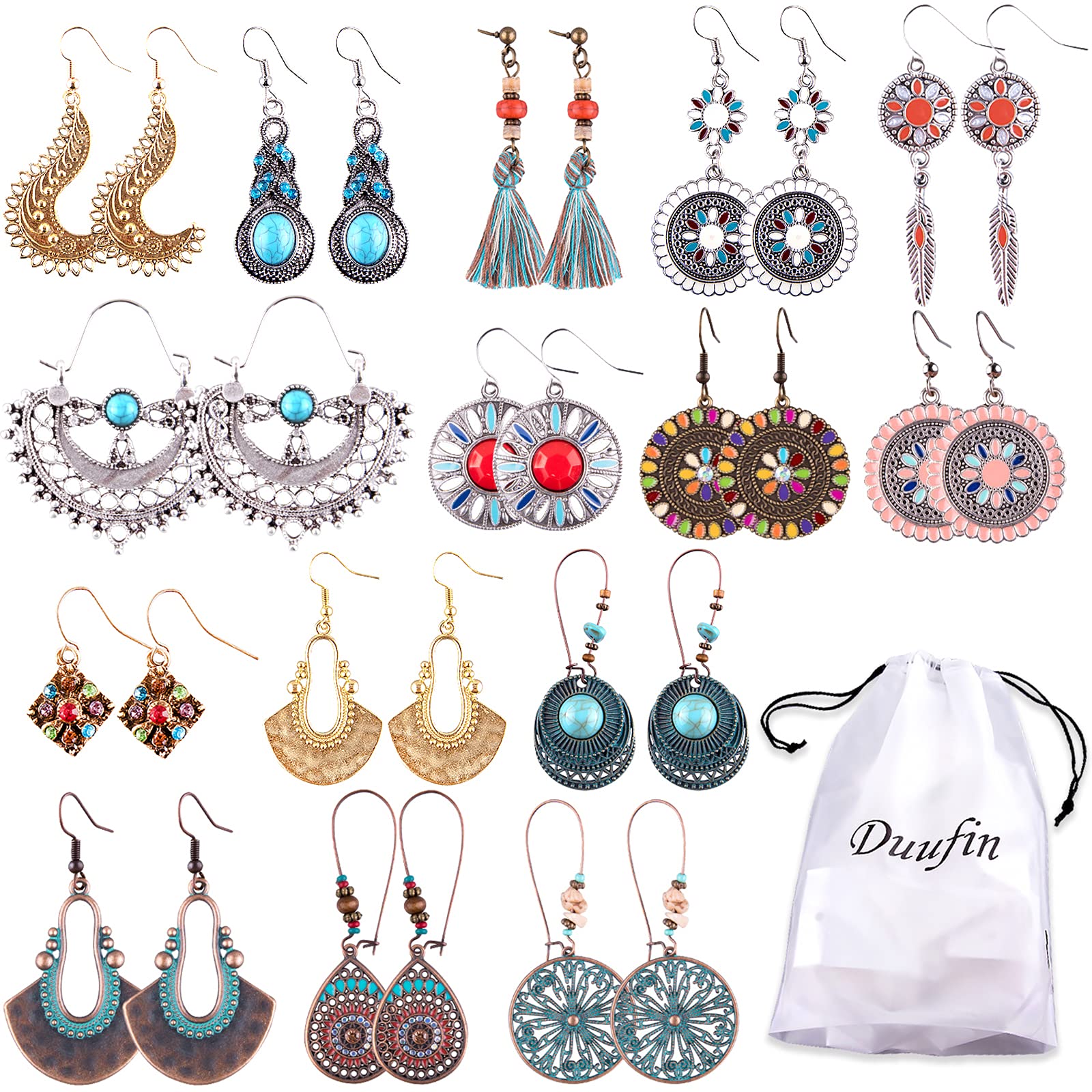Duufin 15 Pairs Boho Earrings Vintage Bohemian Earrings Drop Dangle Earring Statement Earring Set with a Box for Women and Girls