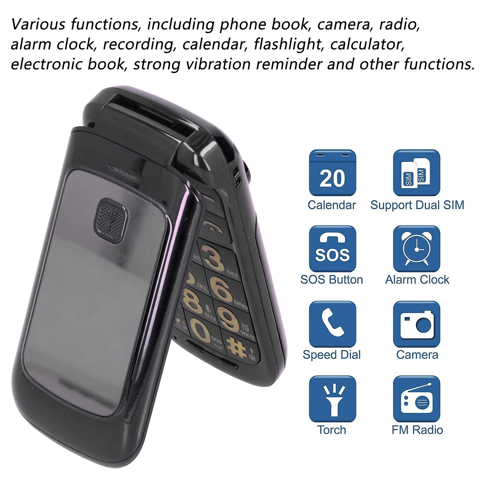 Hilitand Unlocked Flip Phone for Seniors, 2.4inch Large-Font Loud Volume Flip Cellphone, Dual SIM, 1200mah Large Capacity Battery, Support 2G GSM800/850/900/1800(Black)