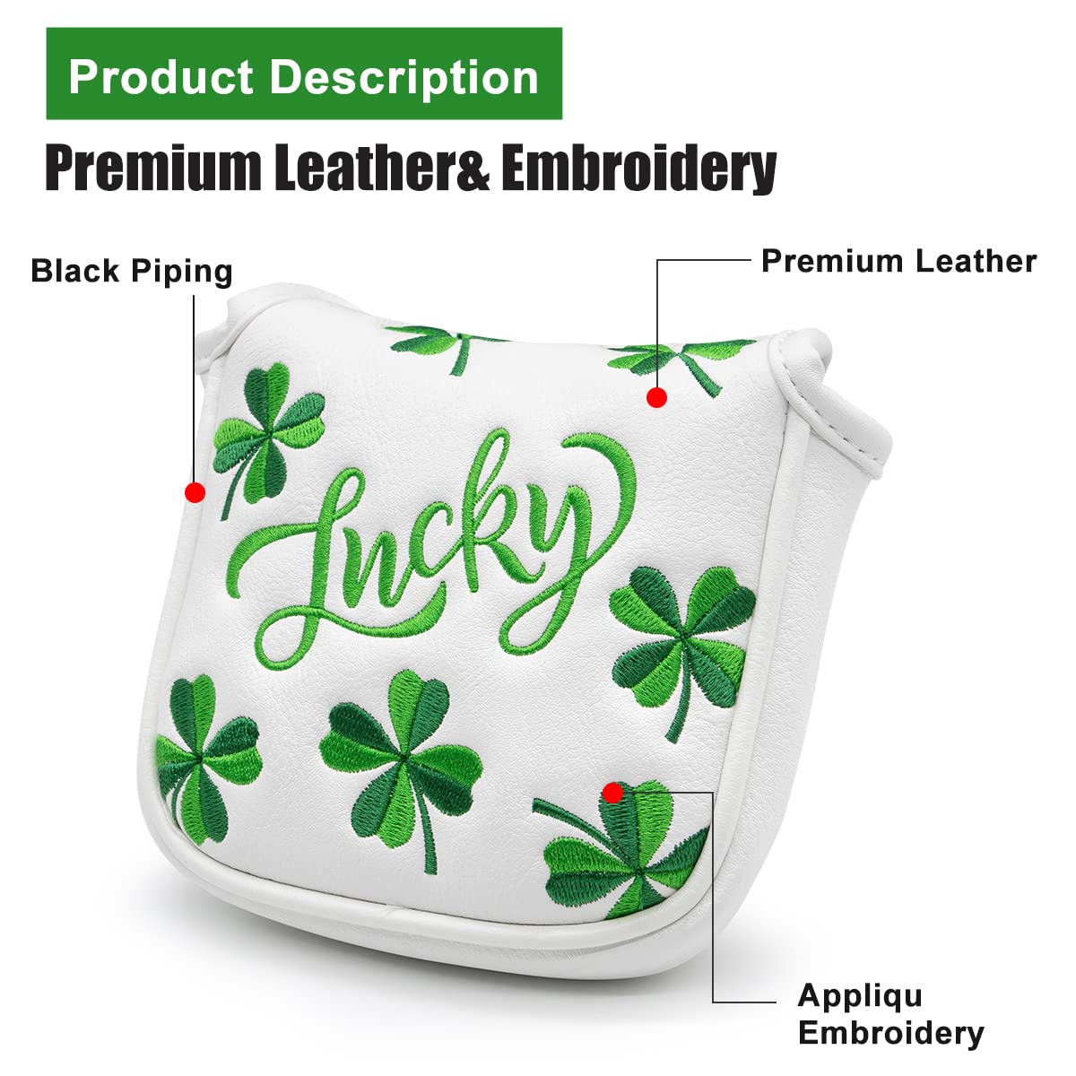 Golf Square Heel Shaft Mallet Putter Cover Headcover, Magnetic Closure Elegant Embroidery Premium Leather Golf Large Mallet Headcover