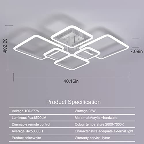 JULINSHUN Modern LED Ceiling Light,95W Remote Control Dimmable Ceiling Lamps,6 Rings White Modern LED Ceiling Light for Living Room, Bedroom, Study, Office