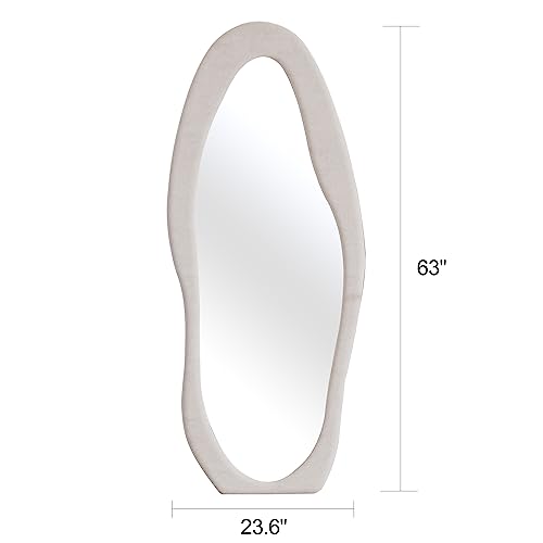 Dewfig Full Length Mirror, 63" x 24"Irregular Mirror, Large Floor Length Mirror Wall Mounted, Standing Mirror with Flannel Wrapped Wooden Frame for Bedroom/Living Room, White