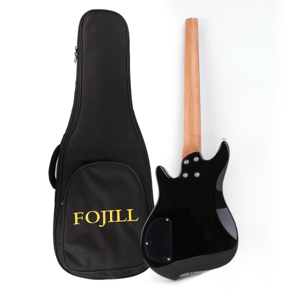 Fojill Full Scale Length Travel Portable Black Electric Guitars Mini Flame Maple Headless Electric Guitar (Black)