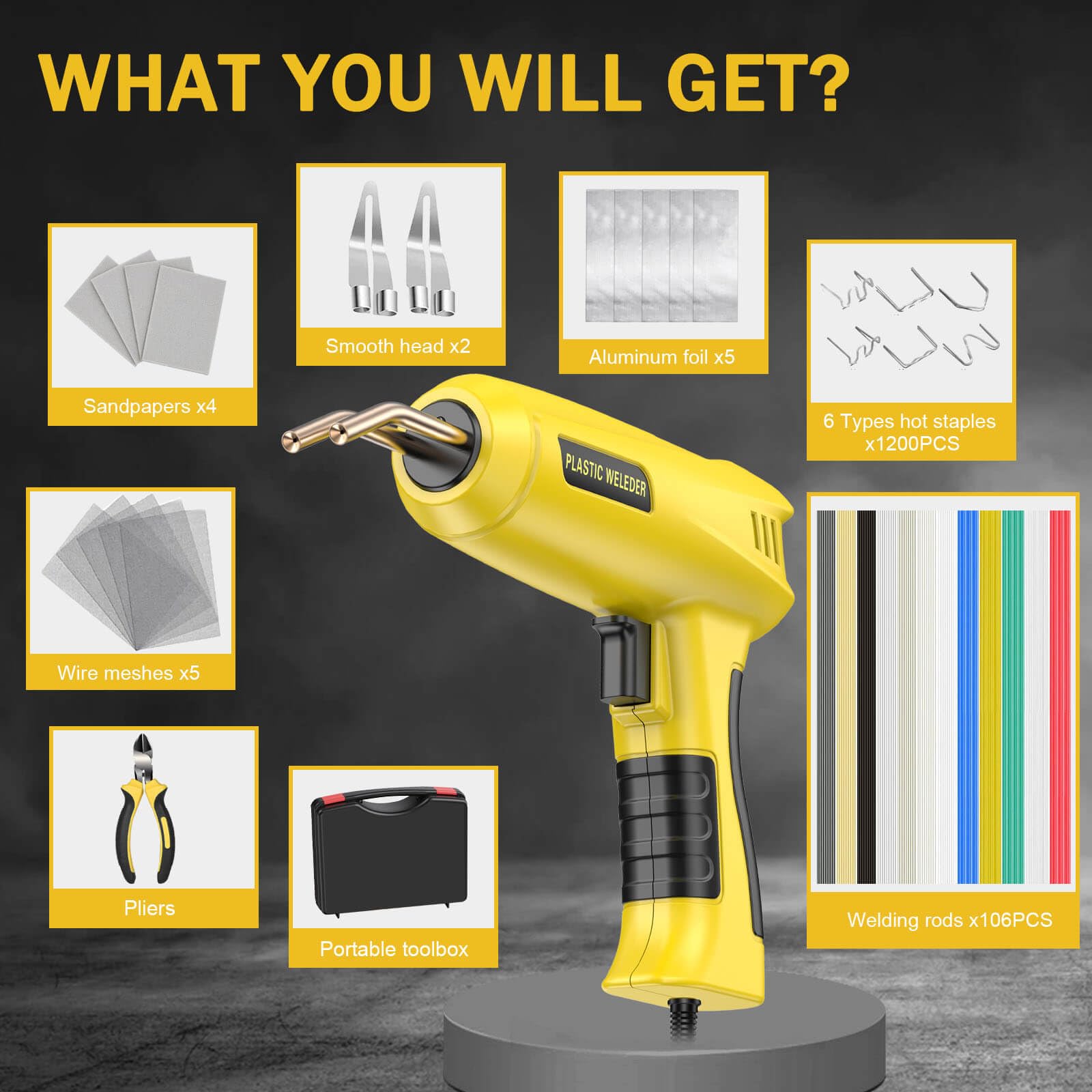 EASYWELDER Upgrade 200W Plastic Welder, 1200PCS Hot Staples&106PCS 12 Colors Welding Rods Plastic Welding Kit, 3 IN 1 Plastic Repair Kit, Plastic Welding Gun for Car Bumper/Kayak Plastic Repairs