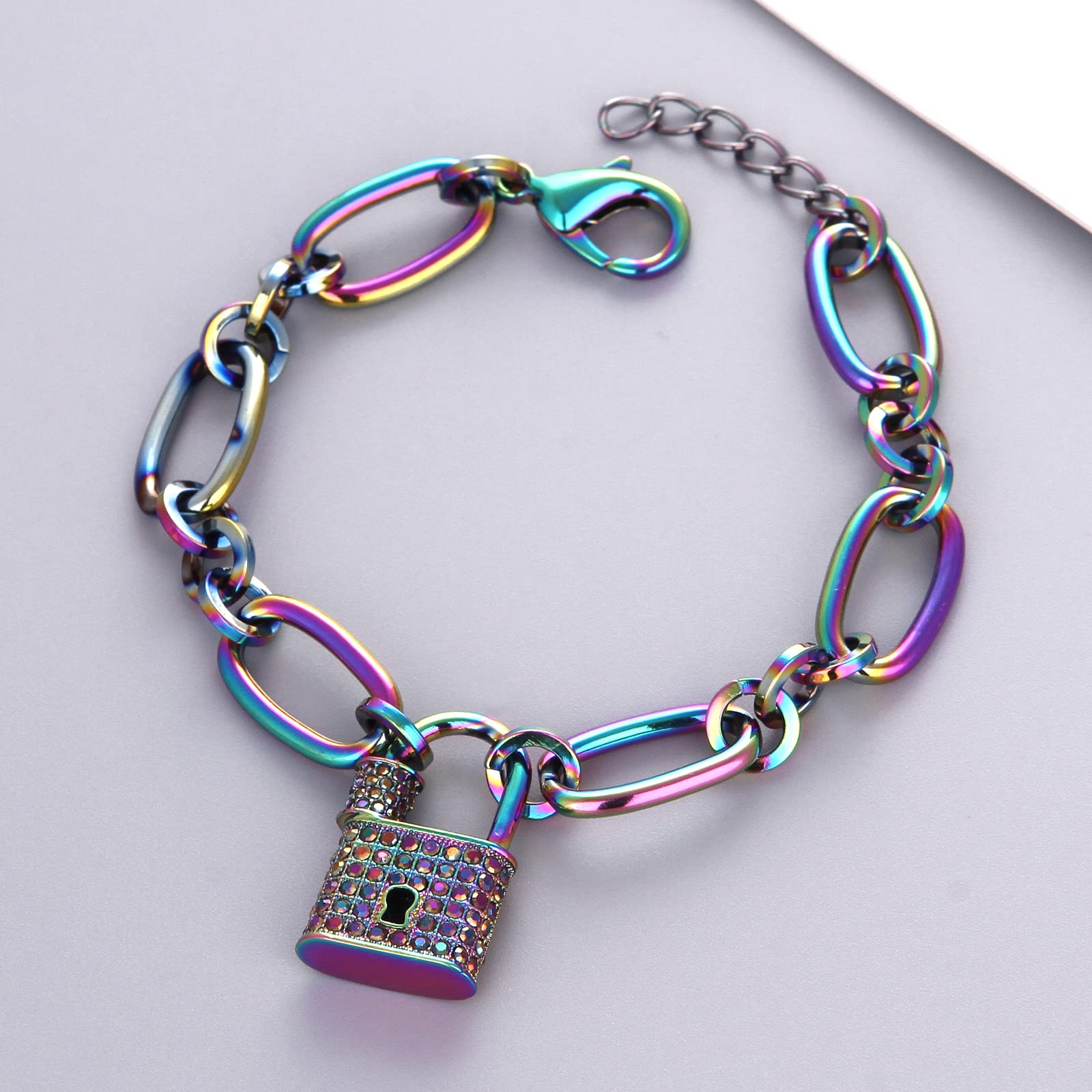 Donabus Statement Bracelet,Anodized Plated-Rainbow Bracelets,Oil Slick Chain Link Bracelet Charms for Unisex(Pad Lock)
