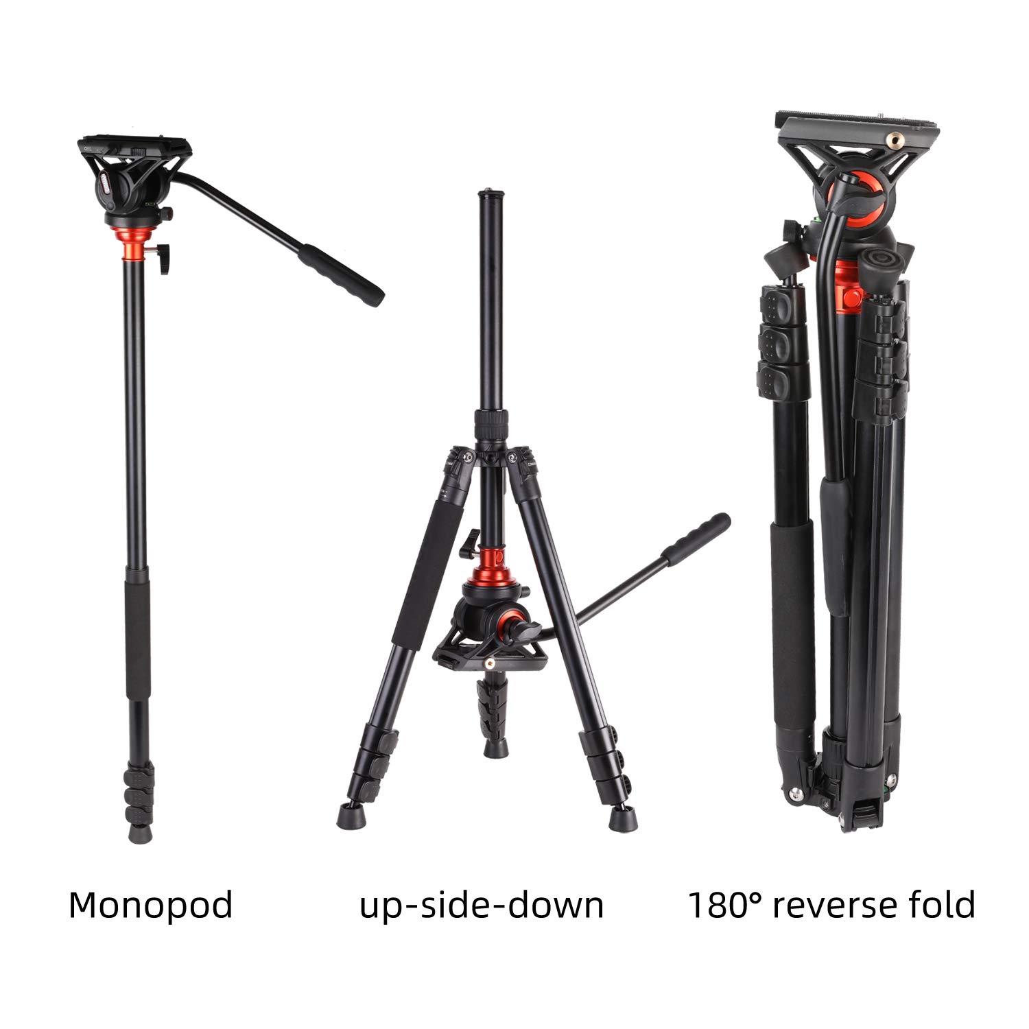 Fluid Head Tripod, COMAN Video Camera Tripod Monopod Aluminium Alloy 70.8 inch for Canon Nikon Sony DSLR Camera Black