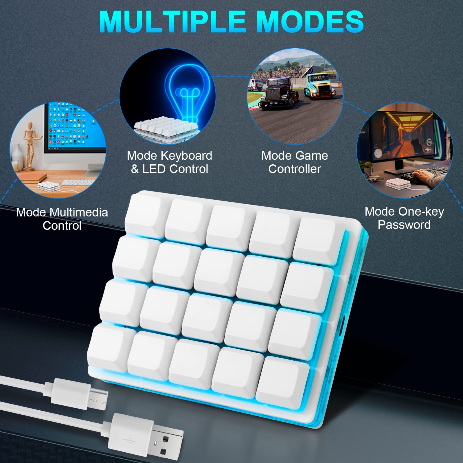 Ecarke 20 Keys One Hand Macro Mechanical Keyboard,Cherry Red Switch RGB LED Backlit Portable MiNi One Hand Mechanical Gaming Keyboard OSU Keyboard Type-c Interface 20 Keys Fully Programmable Key