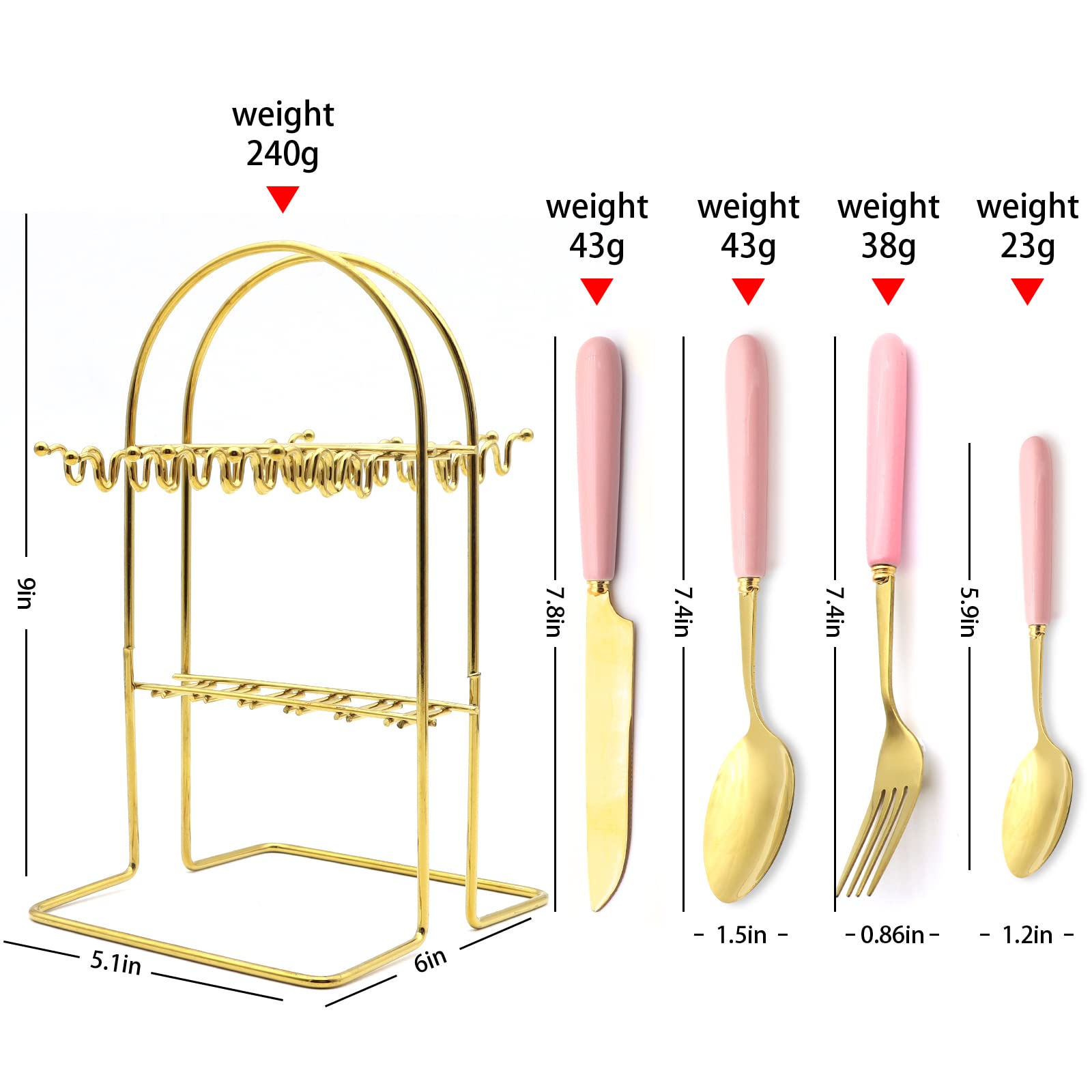 Gold Silverware Set, Caliamary 24 Pieces Flatware Set with Silverware Holder, Stainless Steel Knives and Forks and Spoons Cutlery Set Service for 6, Kitchen Utensil Tableware Set with Pink Handle