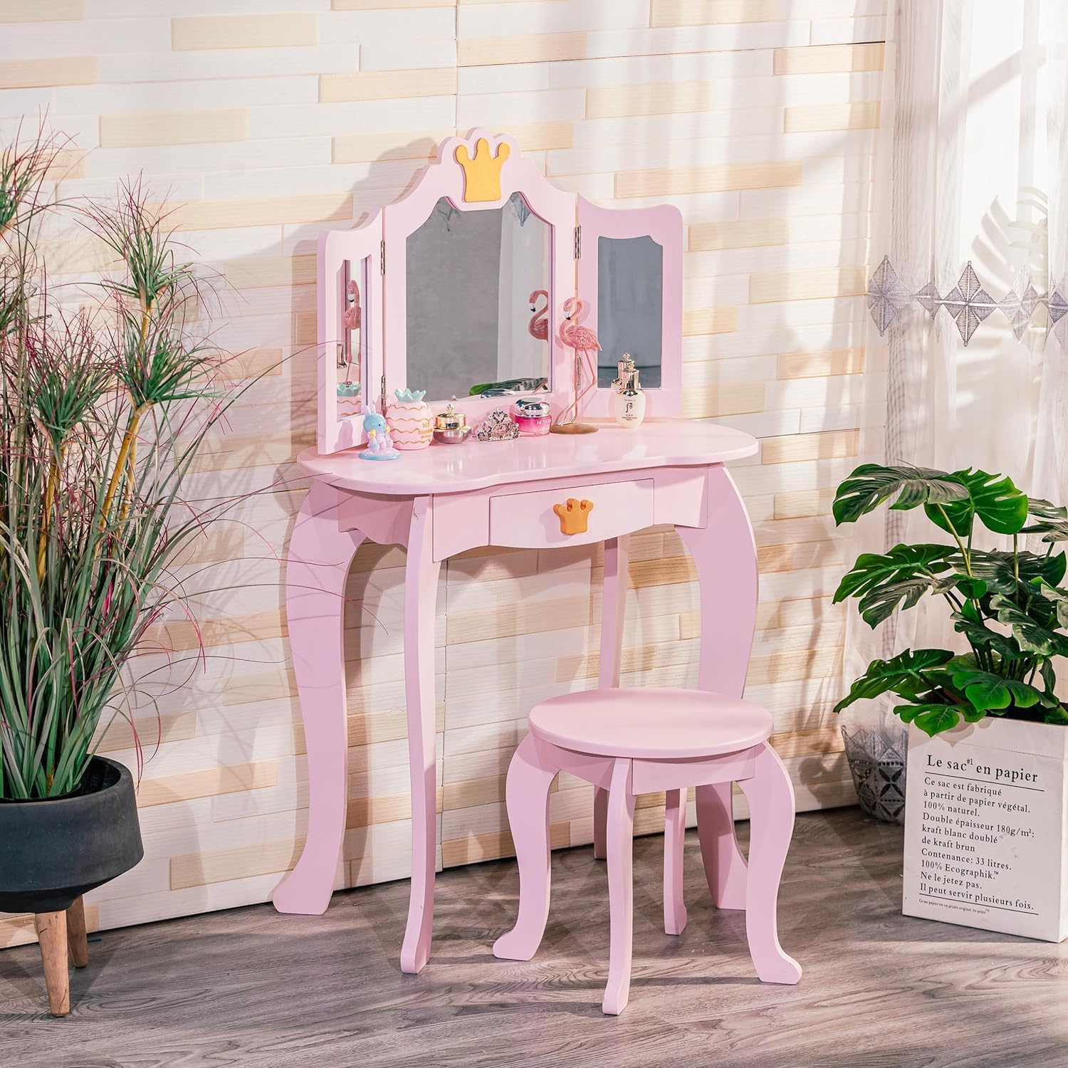 LIZHOUMIL 2-in-1 Princess Makeup Table for Kids - Vanity Set with Mirror, Stool, Tri-Folding Mirror & Drawer - Wooden Pretend Play Dressing Table for Toddler Girls