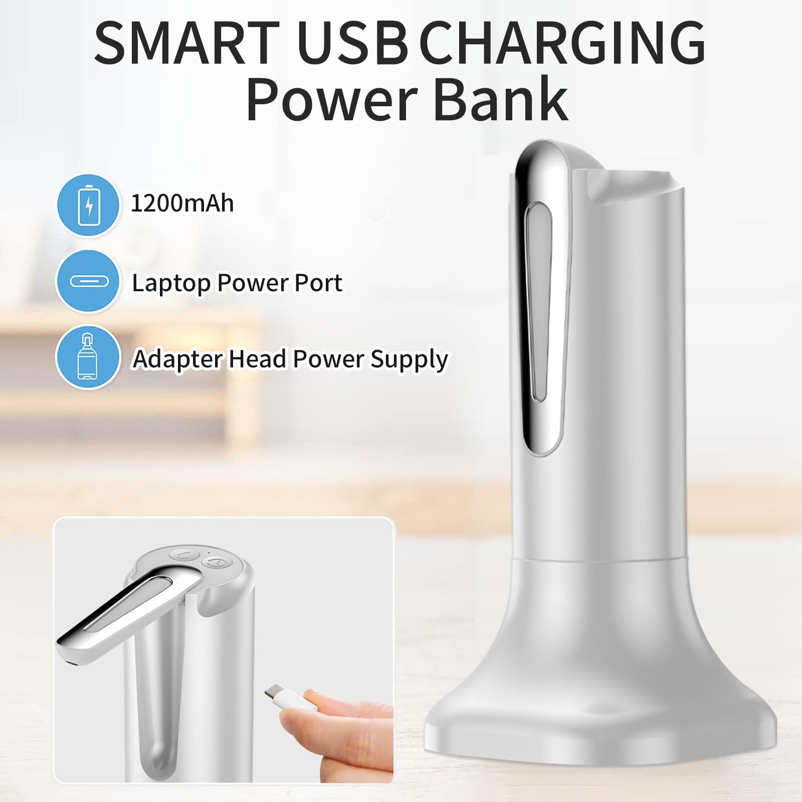 FEERNICH Water Dispenser for 5 Gallon Bottle,Universal Automatic Portable Water Bottle Pump Foldable Electric Drinking Water Pump 1200mAh USB Charging Suitable to Home Office Camp Travel (White)