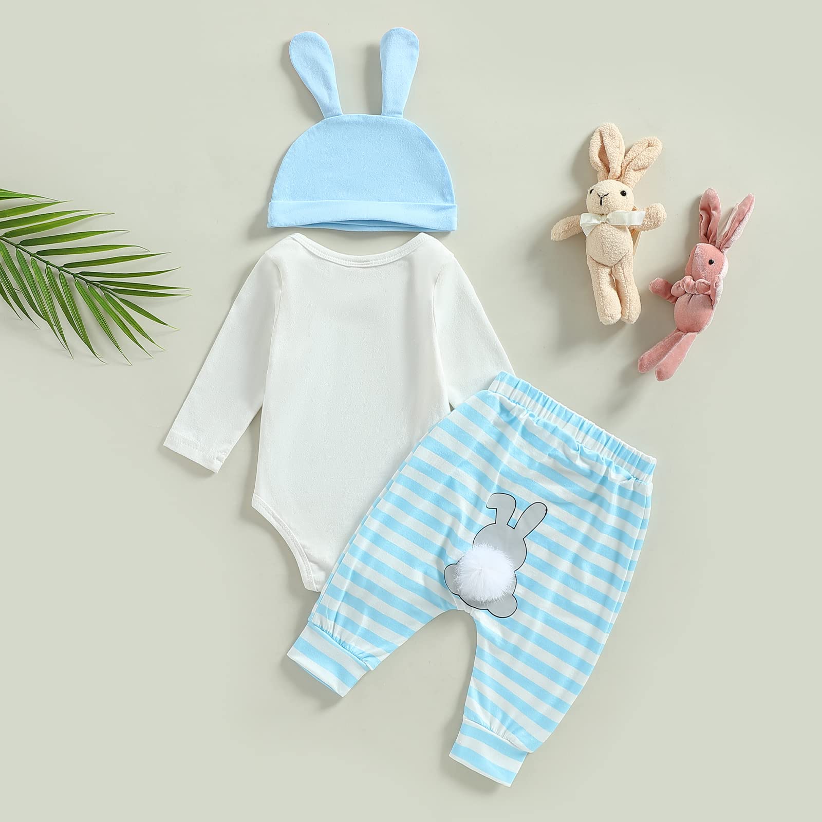 GOOCHEER First Easter Outfit Baby Girl Boy Long Sleeve My 1st Easter Bodysuit Romper Pants Bunny Ears Hat 3PCS Clothes Set (Striped Blue, 3-6 Months)
