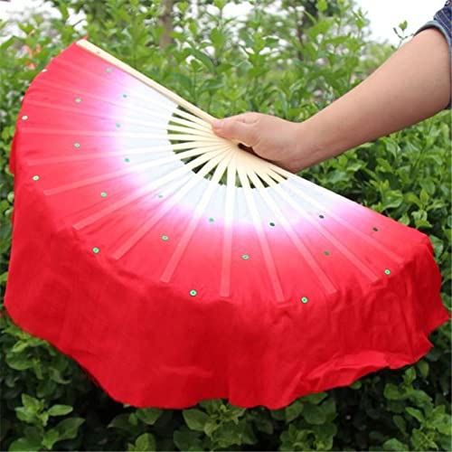 Folding Fan 2Pcs Chinese Short Bellydance Fan 30Cm Bamboo+10Cm Half Circle Silk Veil Pairs Yangko Dance Bamboo Fans Hand Dye Adults Fan (Blue Right Hand Only)