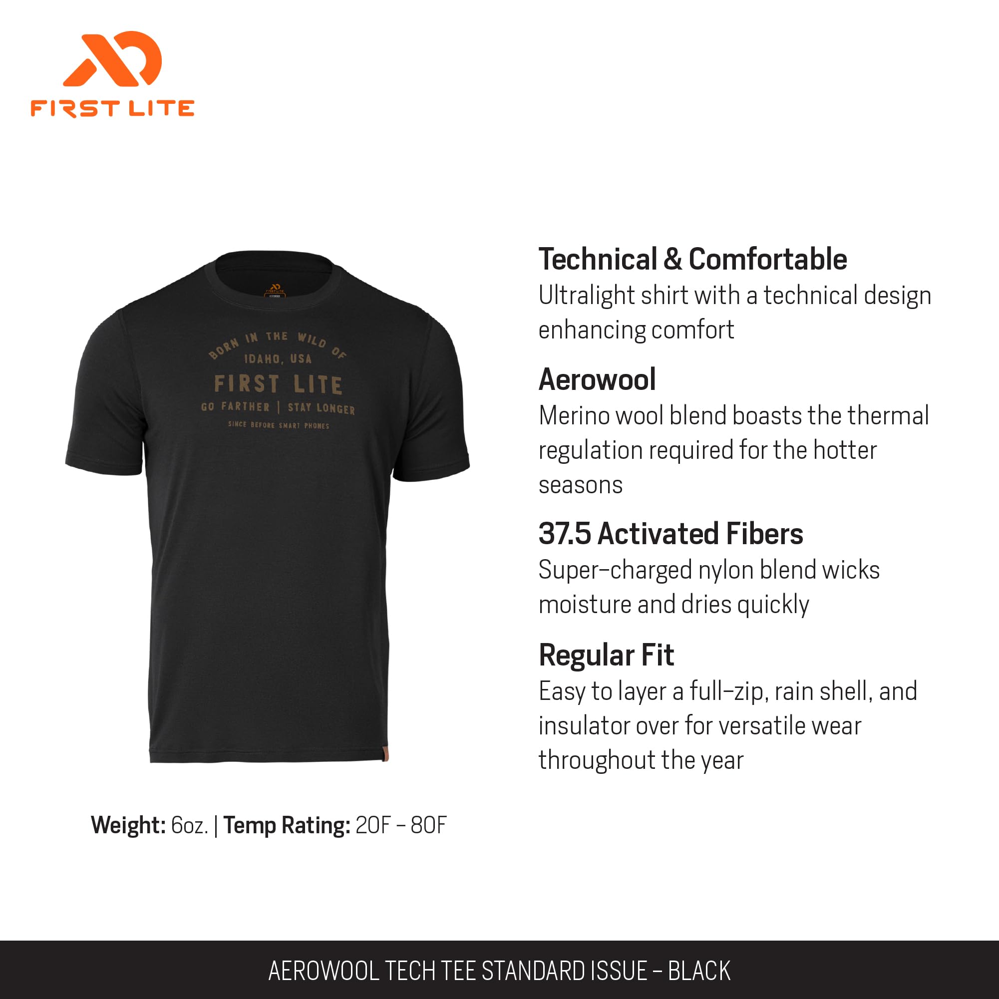 First Lite Men's Aerowool Tech Tee - Durable Merino Wool T-Shirt - Black (Standard Issue) - XX-Large
