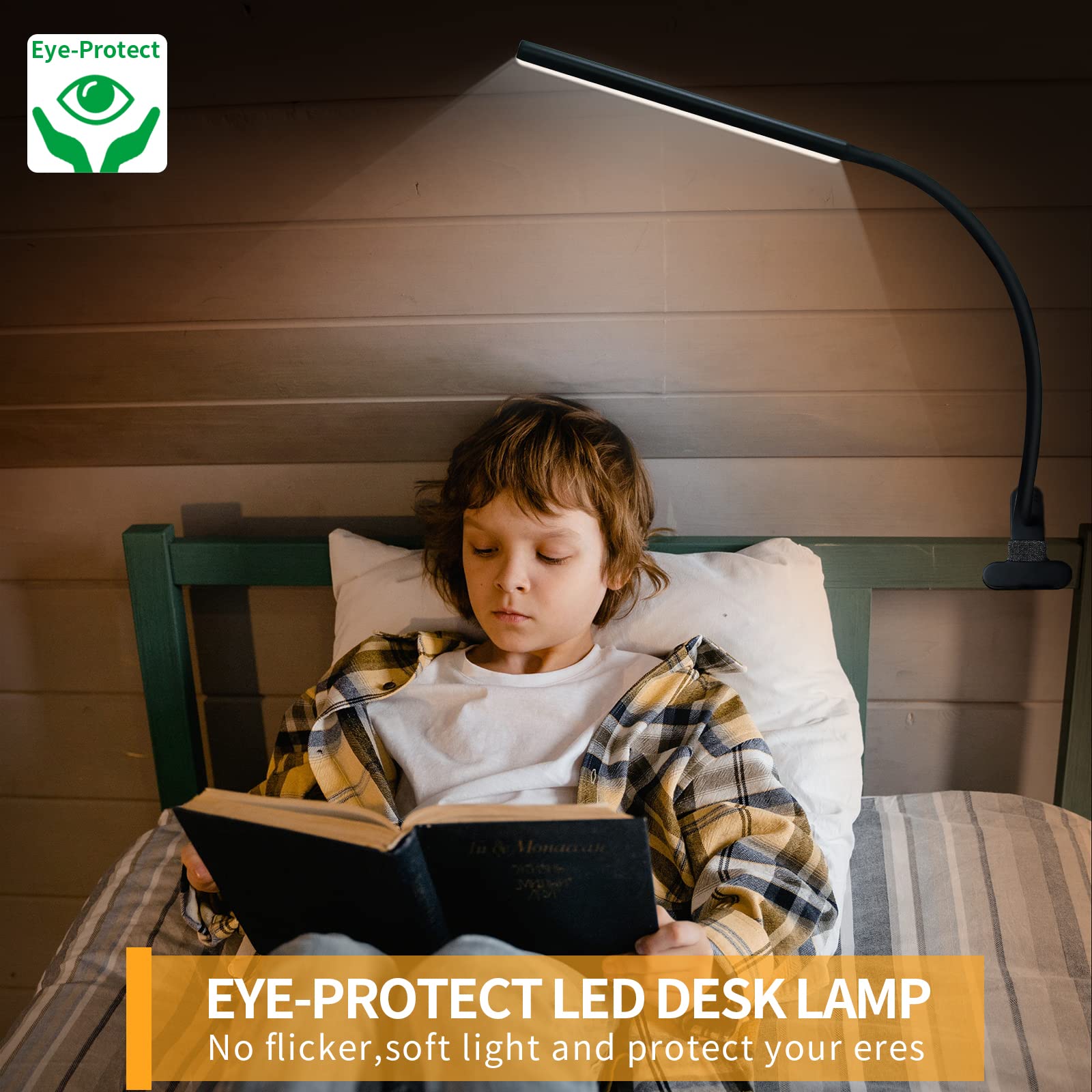 ECHEAIO Clip on Light LED Desk Lamp with Clamp Eye-Caring Dimmable Reading Light for Headboard,3 Modes 10 Brightness, Flexible Gooseneck Book Light Memory Function Desk Lamps for Home Office