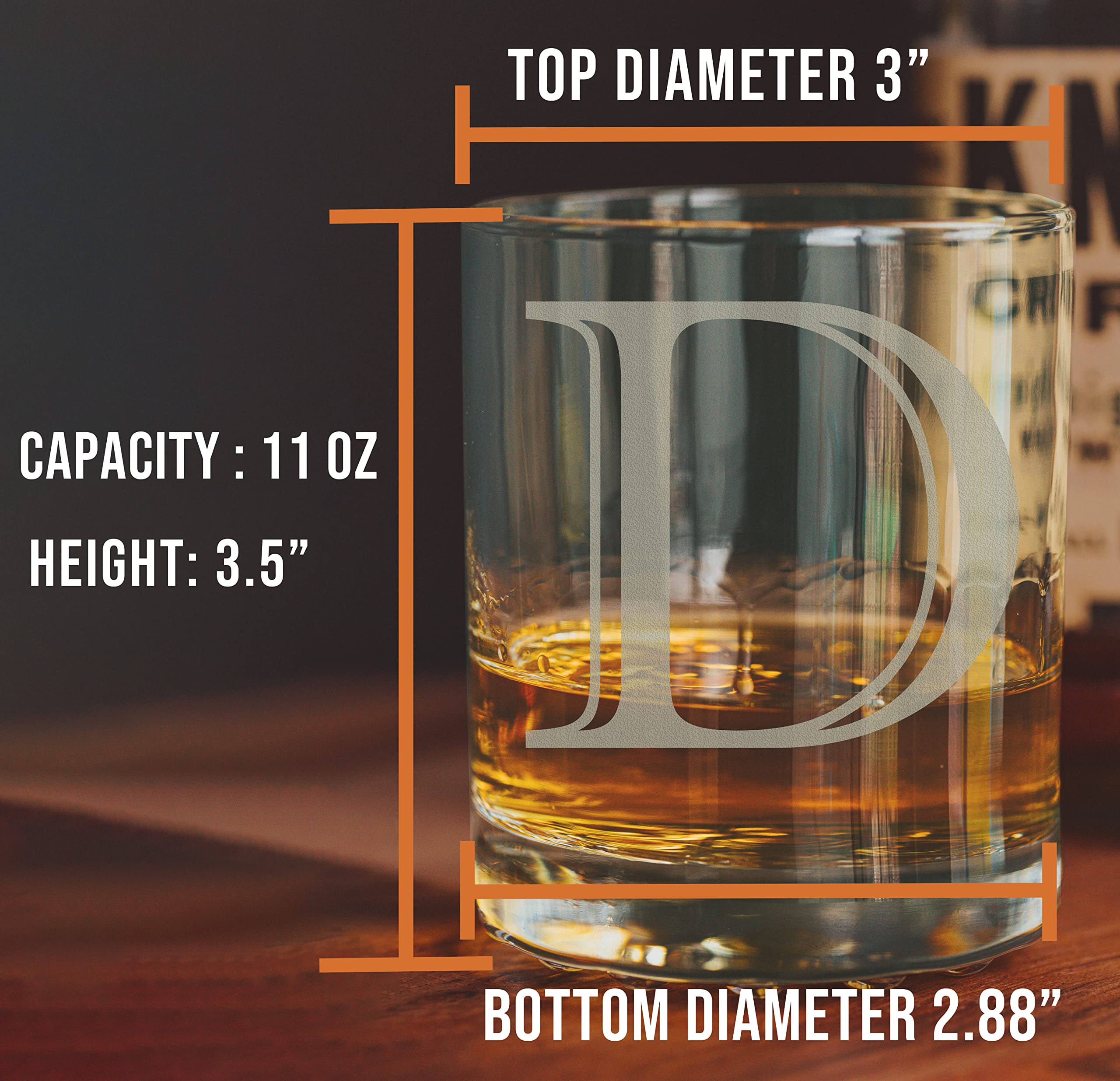 Etched Monogram 11oz Whiskey Rocks Glass (Letter D), A-Z Customized Bourbon Gifts for Men, Personalized Old Fashioned Scotch Glass, Custom Engraved Gifts for Him, Initial, Name, Regalos Personalizados