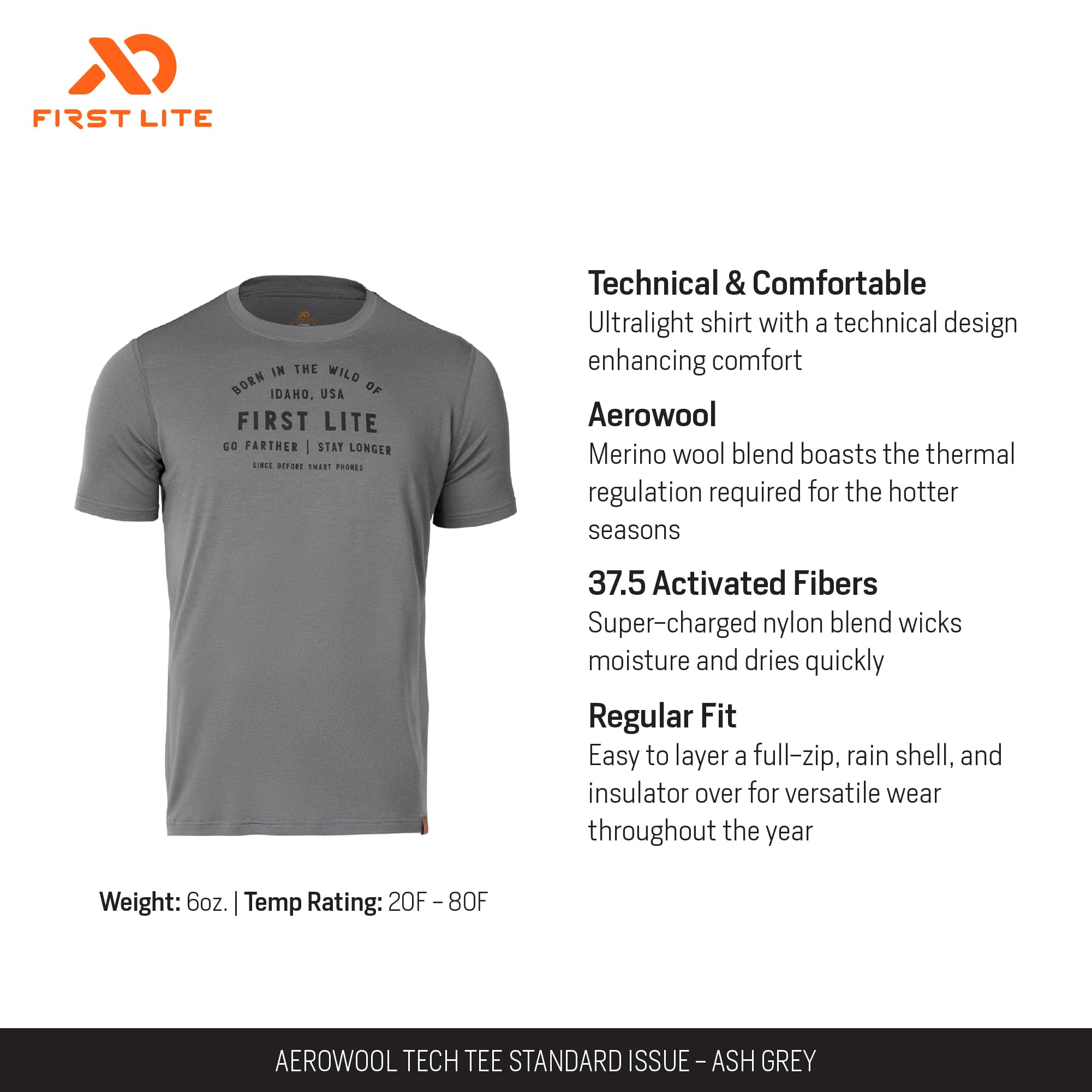 First Lite Men's Aerowool Tech Tee - Durable Merino Wool T-Shirt - Conifer (Bruin) - X-Large