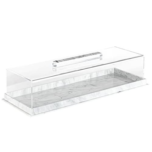 Gold Valley Rectangular Cake Tray, Cake Plate Dish with Lucite Display Cover Lid, Dessert Holder Tray, Cake Stand, White Marbleized Grain Rectangle Cake Platter with Lucite Cover, Pastry Base