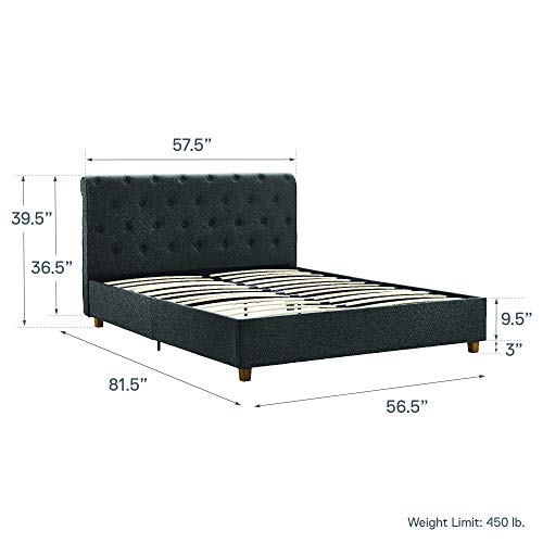 DHP Carmela Luxurious Upholstered Linen Platform Bed wih Wooden Slat Support, Button Tufted Headboard, Full Size - Grey Linen