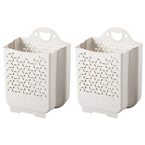LUOZZY 2 Sets Portable Laundry Basket Collapsible Laundry Basket Wall Mount Folding Laundry Basket, White