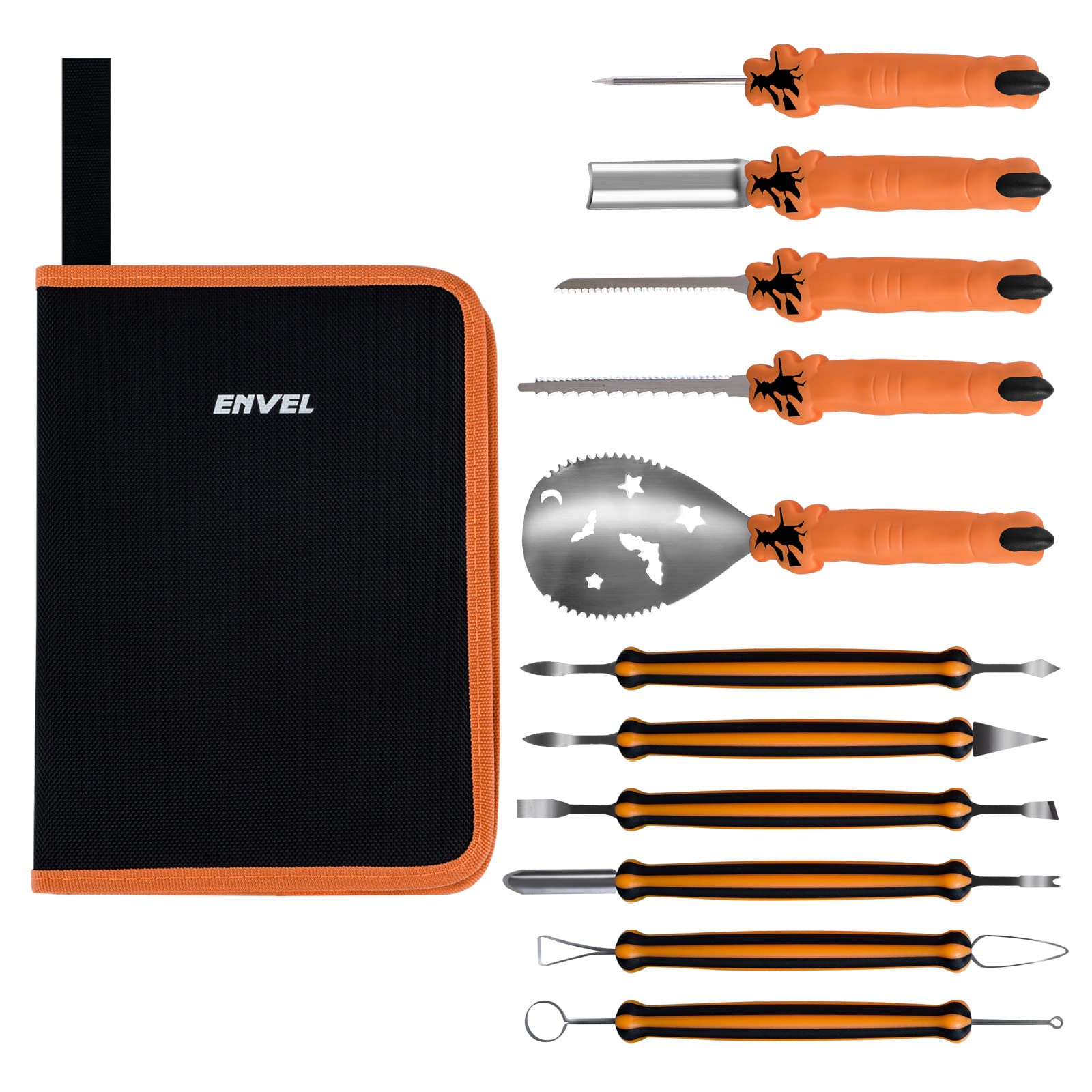 Halloween Pumpkin Carving Kit with 10 Stencils, ENVEL 11 Pcs Professional Stainless-Steel Pumpkin Pottery Sculpture Modeling Tools Set Heavy-Duty Steel Cutting Easily for Art Crafts, Adults