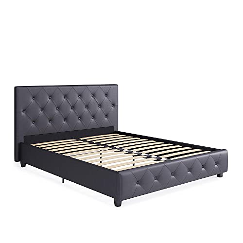 DHP Dakota Upholstered Platform Bed with Diamond Button Tufted Headboard and Footboard, No Box Spring Needed, Queen, Gray Faux Leather,Grey