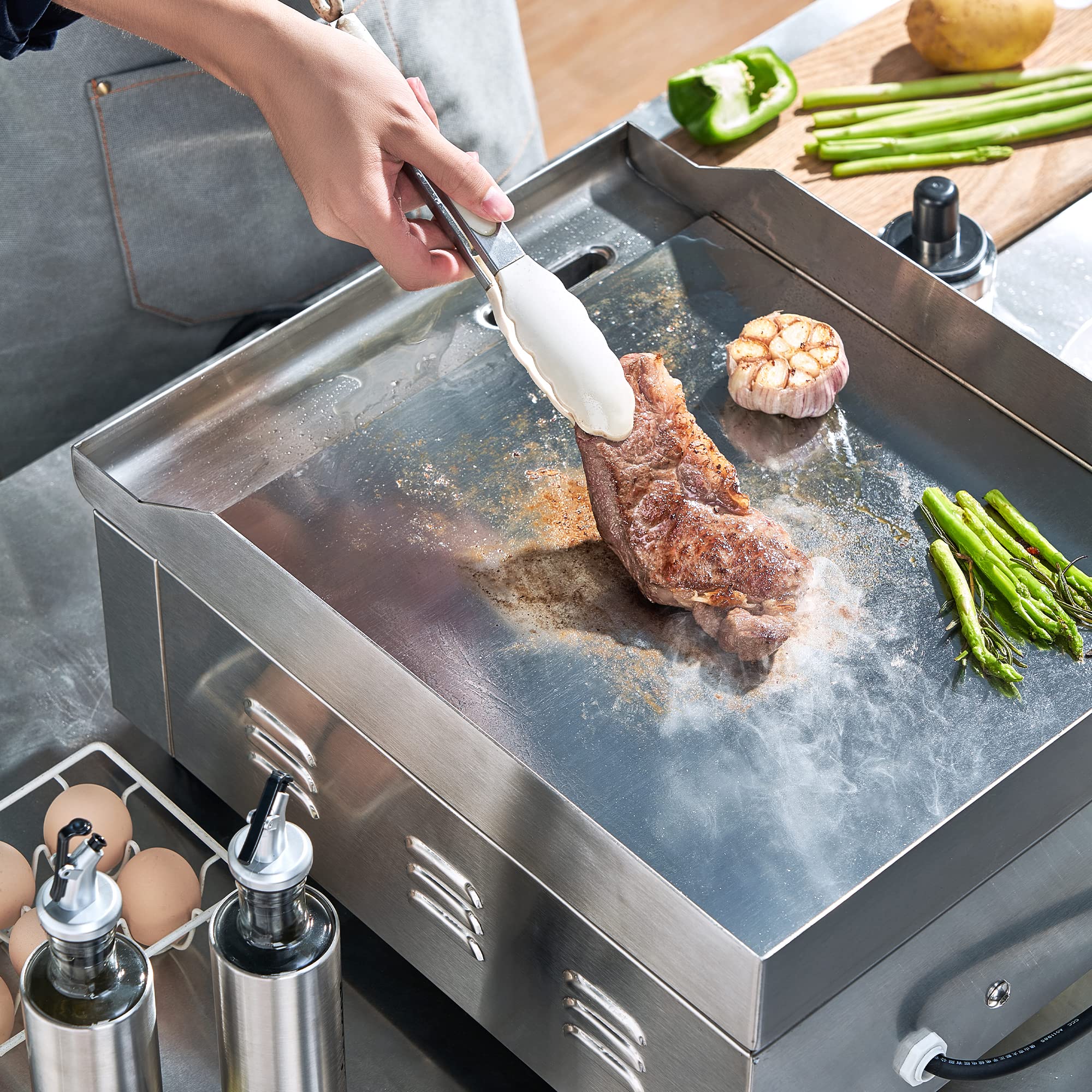 EGGKITPO 14 Inch Electric Griddle, Non-Stick Flat Top Grill Commercial Electric Countertop Griddles Stainless Steel Adjustable Temperature Control 90°F-575°F for Home or Restaurant Use