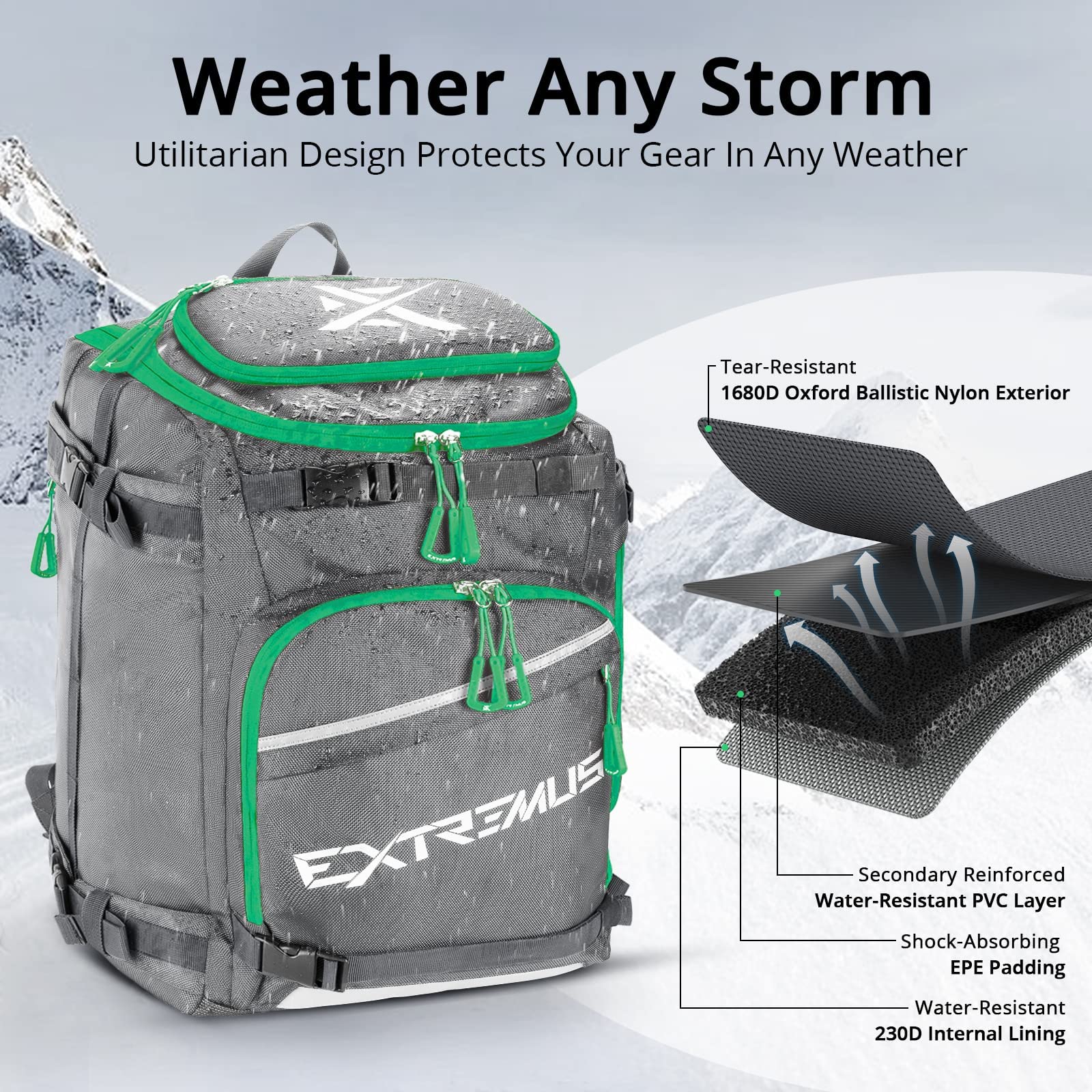 Extremus Ski Boot Bag, 70L Waterproof Snowboard Backpack,Large Capacity Ski Travel Bag Luggage for Ski Boots, Ski Helmet, Goggles, Gloves, Apparel & Skiing Gear Accessories