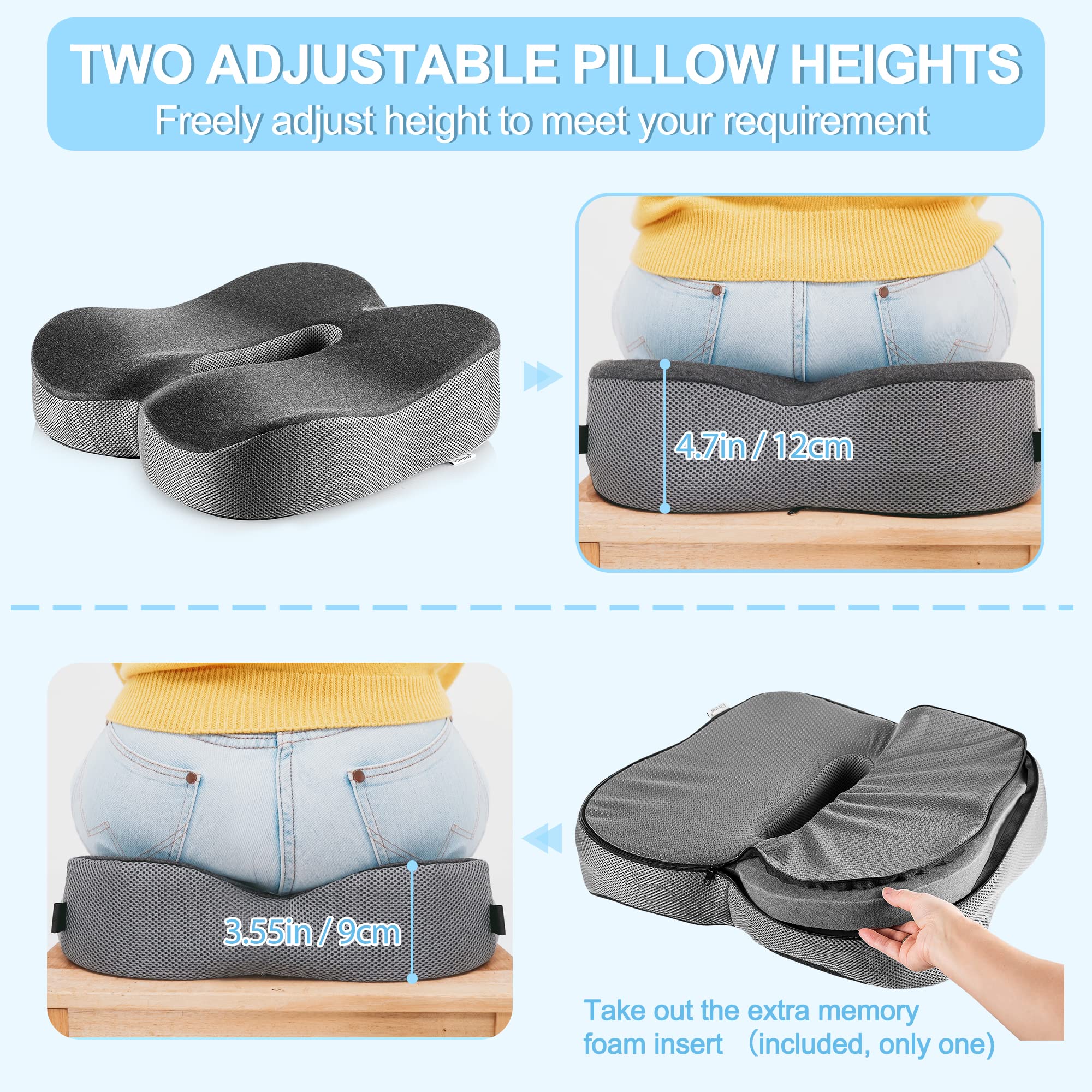 Elviros Chair Cushions, Adjustable Memory Foam Seat Cushion for Coccyx, Back, Tailbone, Sciatic Pain Relief, Non-Slip Chair Pads for Office, Car, Wheelchair, Gaming Chair (Black, Medium Soft)