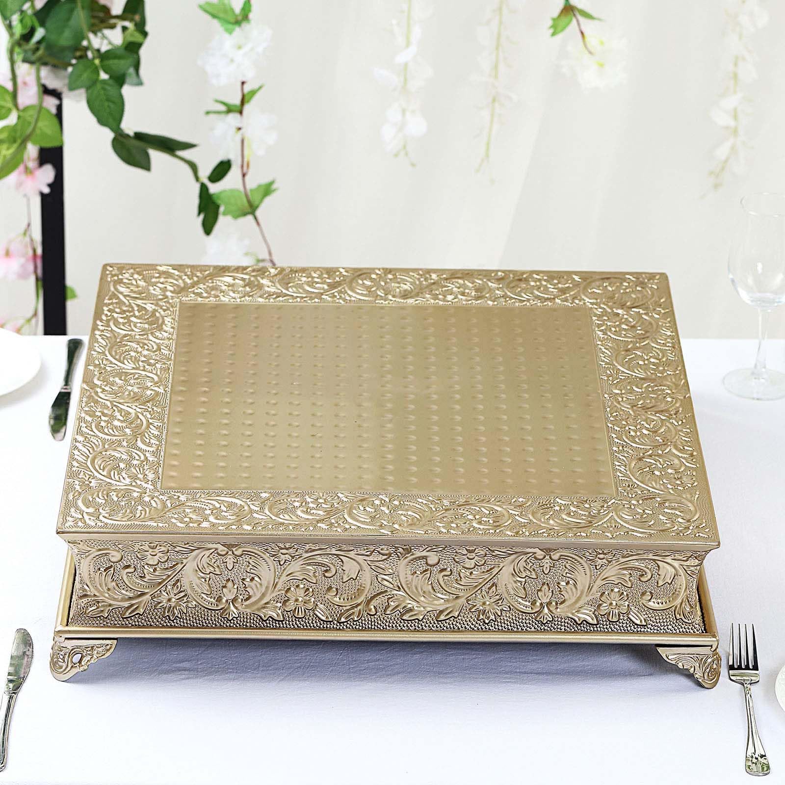 Efavormart 22” Gold Square Embossed Metal Cake Plateau Stand Riser Wedding Birthday Party Dessert Cake Pedestal Display Plate