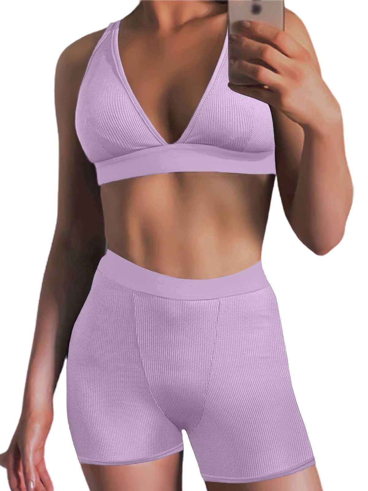 Ekaliy Women's Workout Outfit 2 Pieces Workout Shorts Set Ribbed Crop Tank High Waist Yoga Sets Short Pink Small