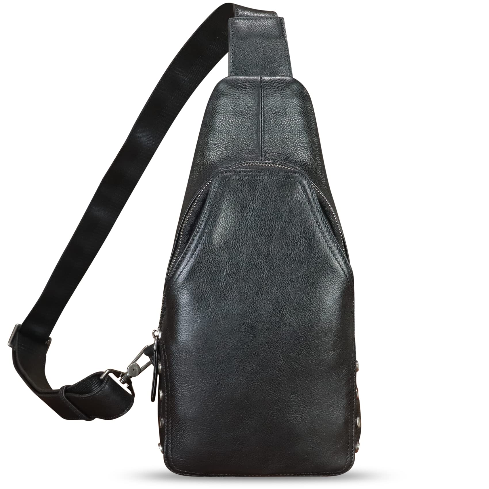 FEIGITOR Genuine Leather Sling Bag Retro Crossbody Sling Backpack Handmade Chest Shoulder Daypack Purse Fanny Pack (Black)