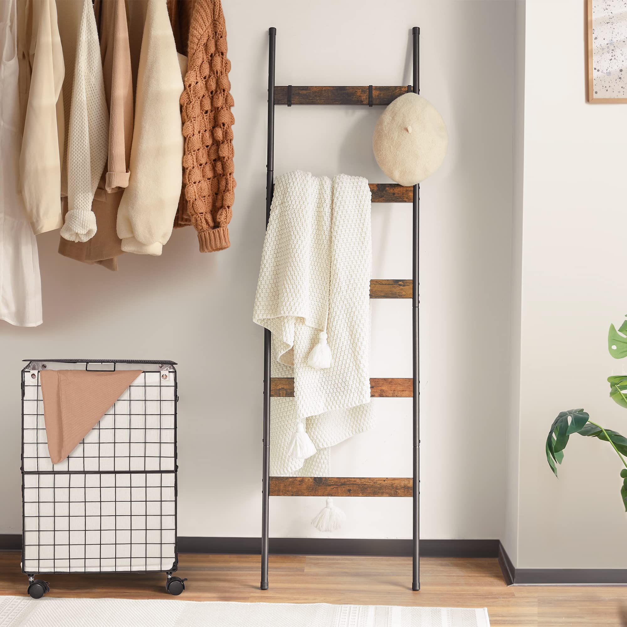 ELYKEN Blanket Ladder for Living Room, Farmhouse 5 -Tier Quilt Holder with 4 Removable Hooks for Bathroom, Wood Towel Rack Display, Wall Anchor Leaning Decorative Stand for Home Decor, Rustic Brown