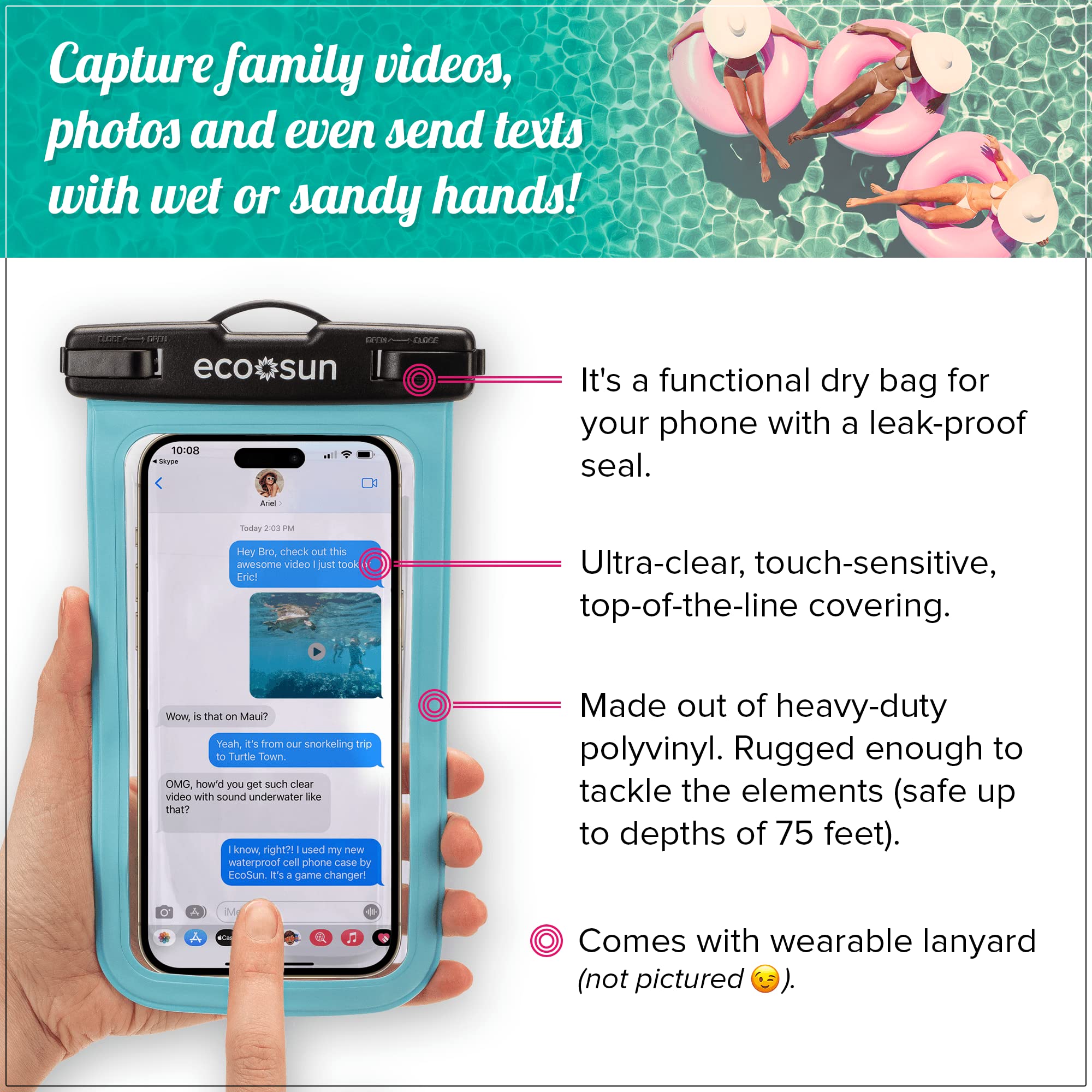 Eco Sun Waterproof Phone Pouch (2-Pack) β Designed in Hawaii β Case Fits All iPhones (incl. 15 Pro Max), Samsung Galaxy S24 & More Blue/Pink