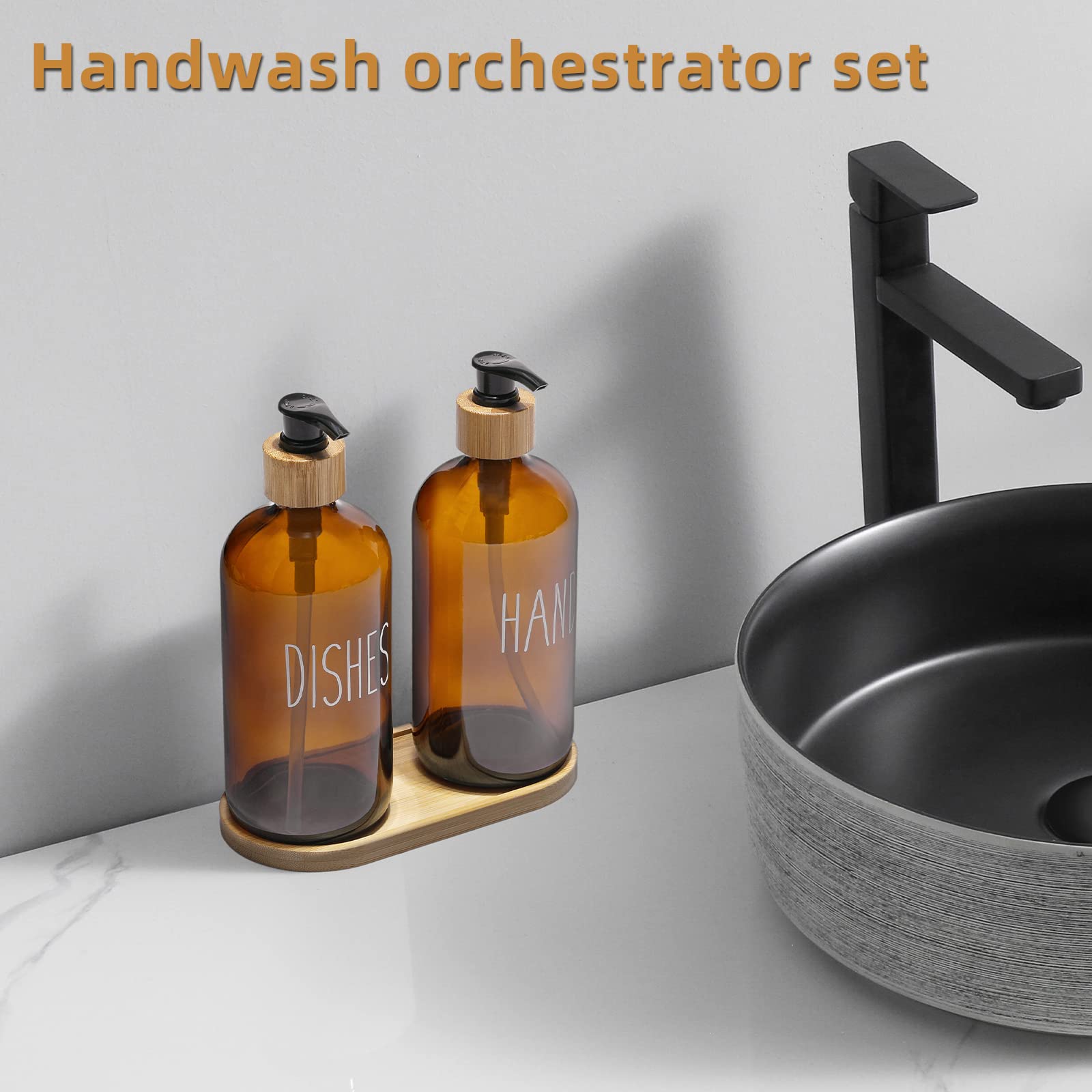 FEILANDUO Glass Soap Dispenser Set, Dish Soap Dispenser for Kitchen Sink, Hand Soap Dispenser for Bathroom with Bamboo Pump and Soap Tray, Farmhouse Home Decor (A- 2pcs Amber)