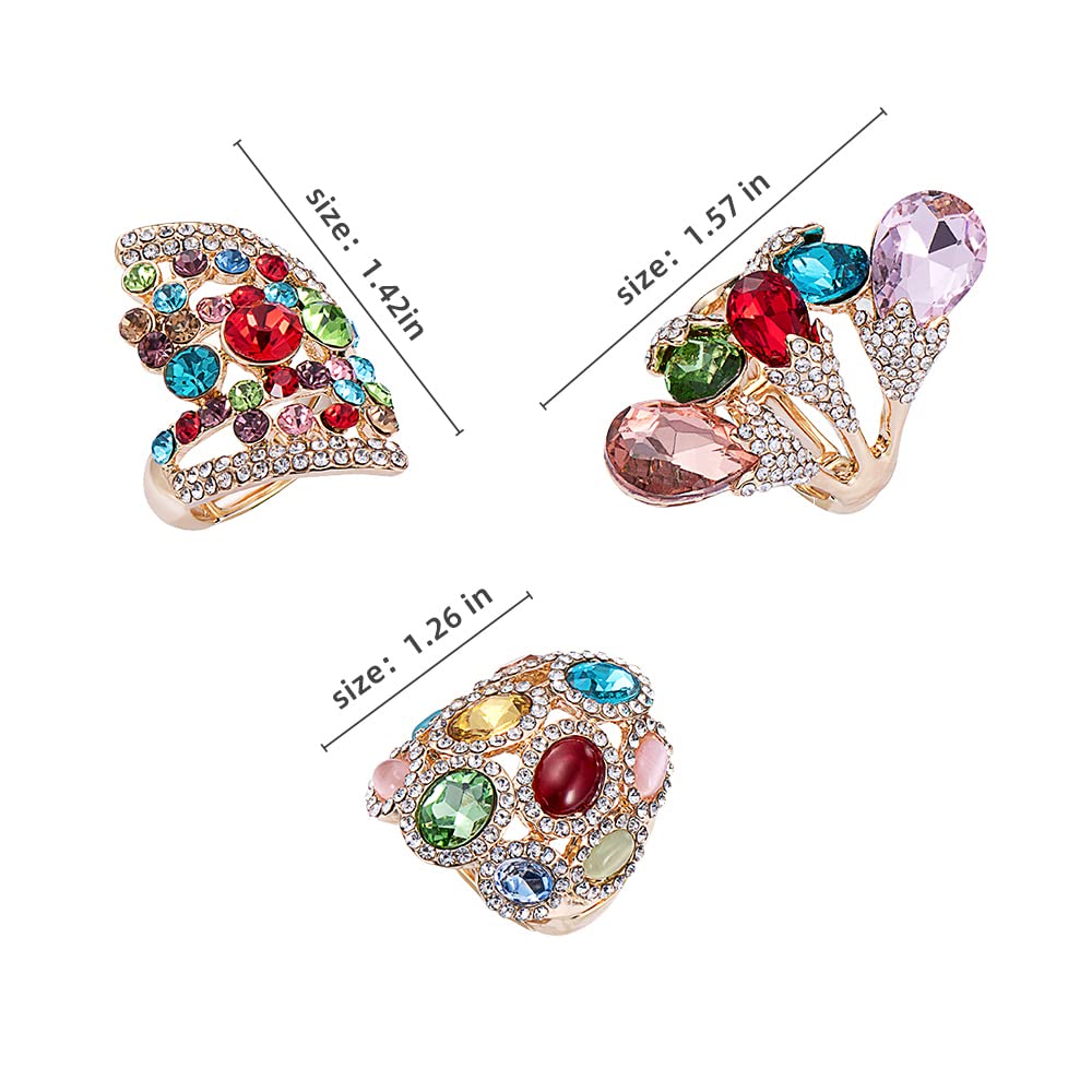 Ecesha 3 PCS/Set Gold Colorful Crystal Oval Teardrop Rhombus Cocktail Rings Set Irregular Geometric Stretch Rings for Women