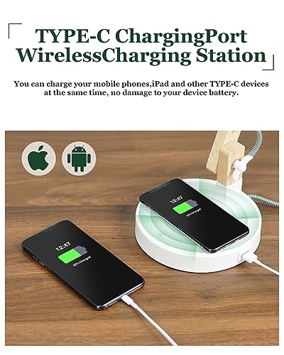 ELYONA White Desk Lamp with Wireless Charger, Solid Wood Table Lamp with USB C Charging Port, Swing Arm Reading Task Light with 5W LED Bulb for College Dorm, Office, Living Room, Bedroom, Farmhouse