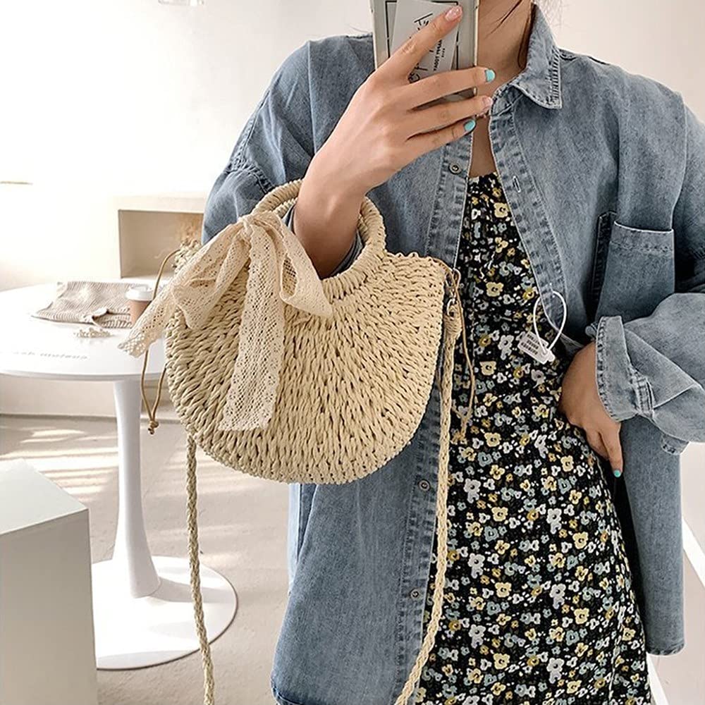 DONGKER Straw Beach Bag,Beach Weave Shoulder handbag with Round Ring Handle for Women Beach Vacation