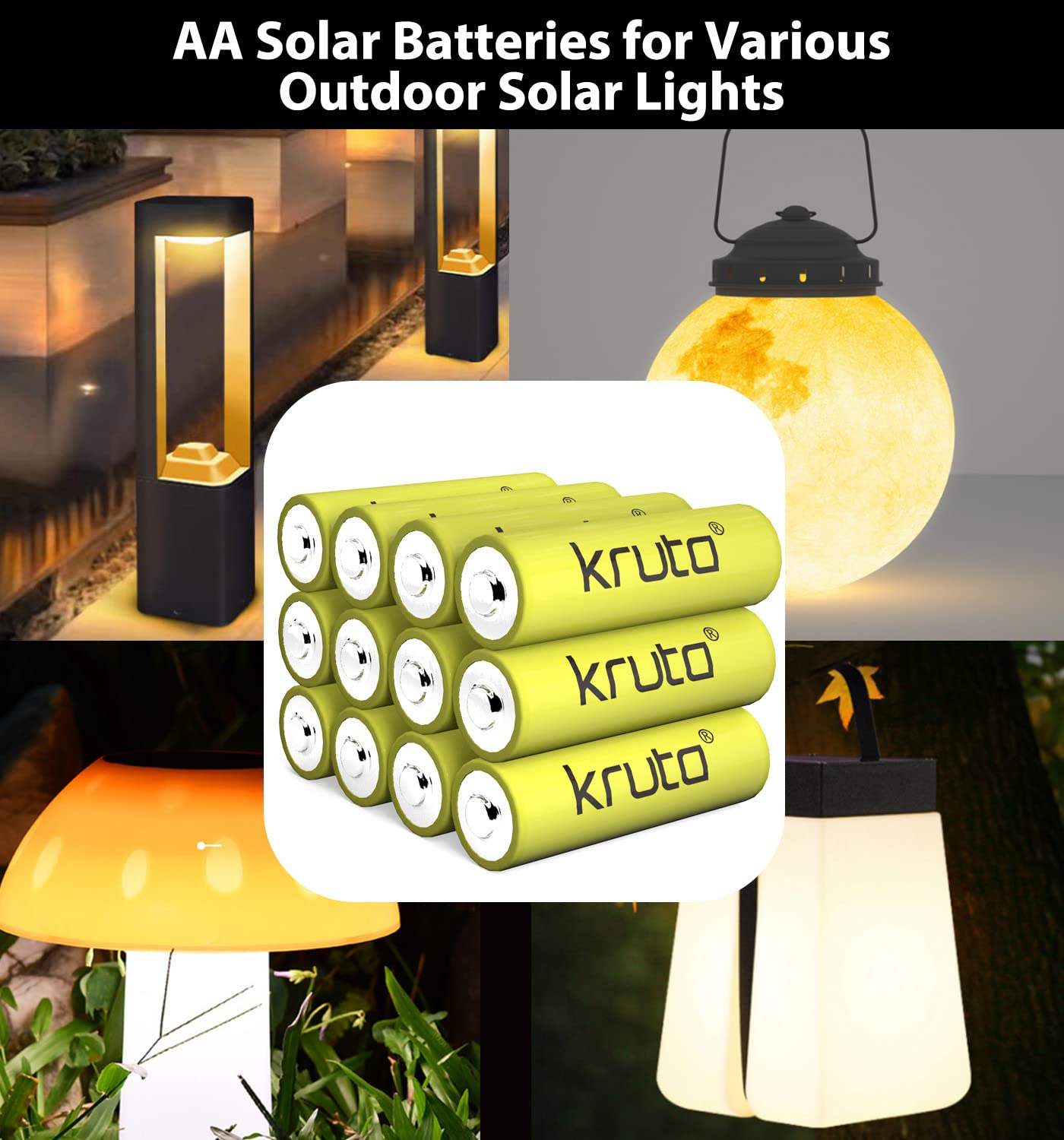 Kruta Rechargeable AA Batteries Ni-CD 600mAh 1.2V Rechargable Solar Light AA Batteries for Outdoor Solar Lamps Garden Lights Remotes Mice (Pack 12)
