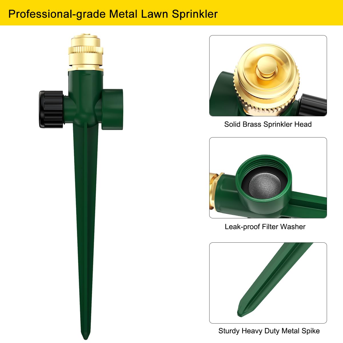 FANHAO 2 Pack Metal Lawn Sprinkler for Yard, Automatic Garden Water Sprinkler on Spike Base, Adjustable Brass Sprinkler Nozzle 360 Degree Large Area Coverage for Lawn Grass Patio Garden Irrigation