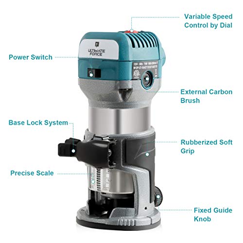 Goplus Wood Router with Fixed Base, 6.5-Amp 1.25 HP Compact Router with 1/4" & 3/8" Collets, Variable Speed Palm Router for Woodworking and Furniture Manufacturing