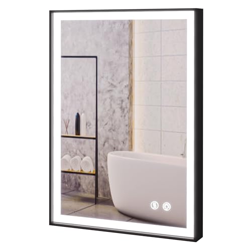 Fab Glass and Mirror LED Lighted Bathroom Mirror 30 x 40 Inch, Black Framed Wall Mounted Dimmable Vanity Mirror, Anti-Fog Touch Sensor, Adjustable Color Warm/White/Natural