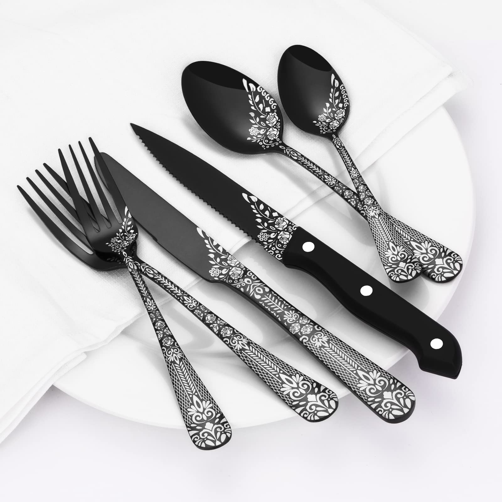 EUIRIO 89-Piece Black Silverware Set with Serving Utensils, Black Flatware Set for 14, Stainless Steel Mirror Cutlery Set, Spoons Forks Knives with Unique Floral Laser, Tableware Set, Dishwasher Safe