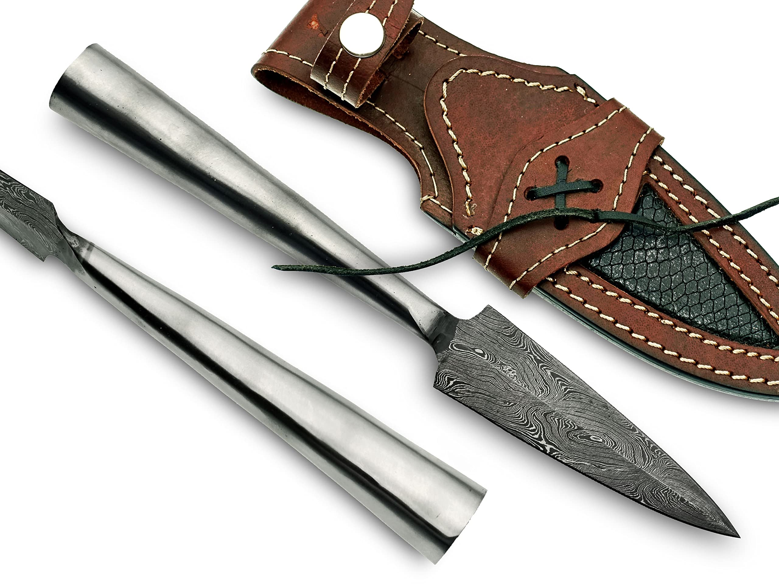 Hand Forged Damascus steel spear head, Hunting knife, Survvial for camping and hiking with Beautiful leather sheath.