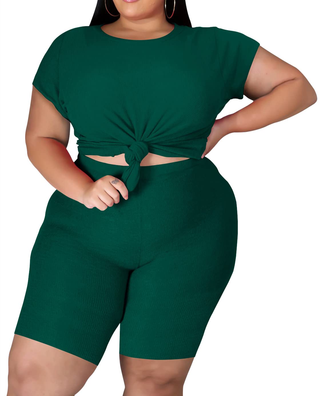 Folivora Women's Plus Size Two Piece Outfits Summer Sweatsuits Elastic Loungewear Jogging Tracksuit Set Green 4XL
