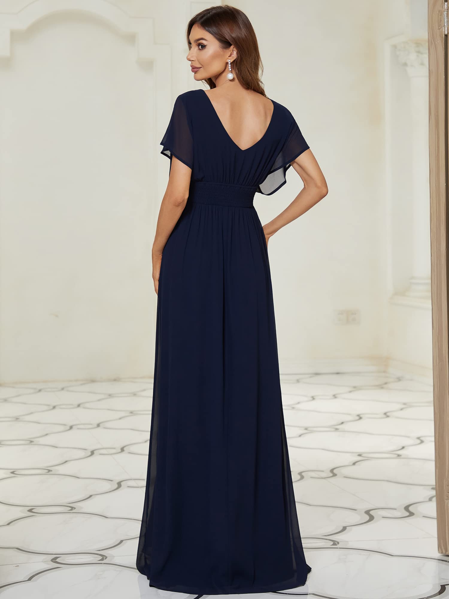 Ever-Pretty Women's Elegant Formal Dress V-Neck Short Sleeve Chiffon Long Mother of The Bride Dresses Navy Blue US12
