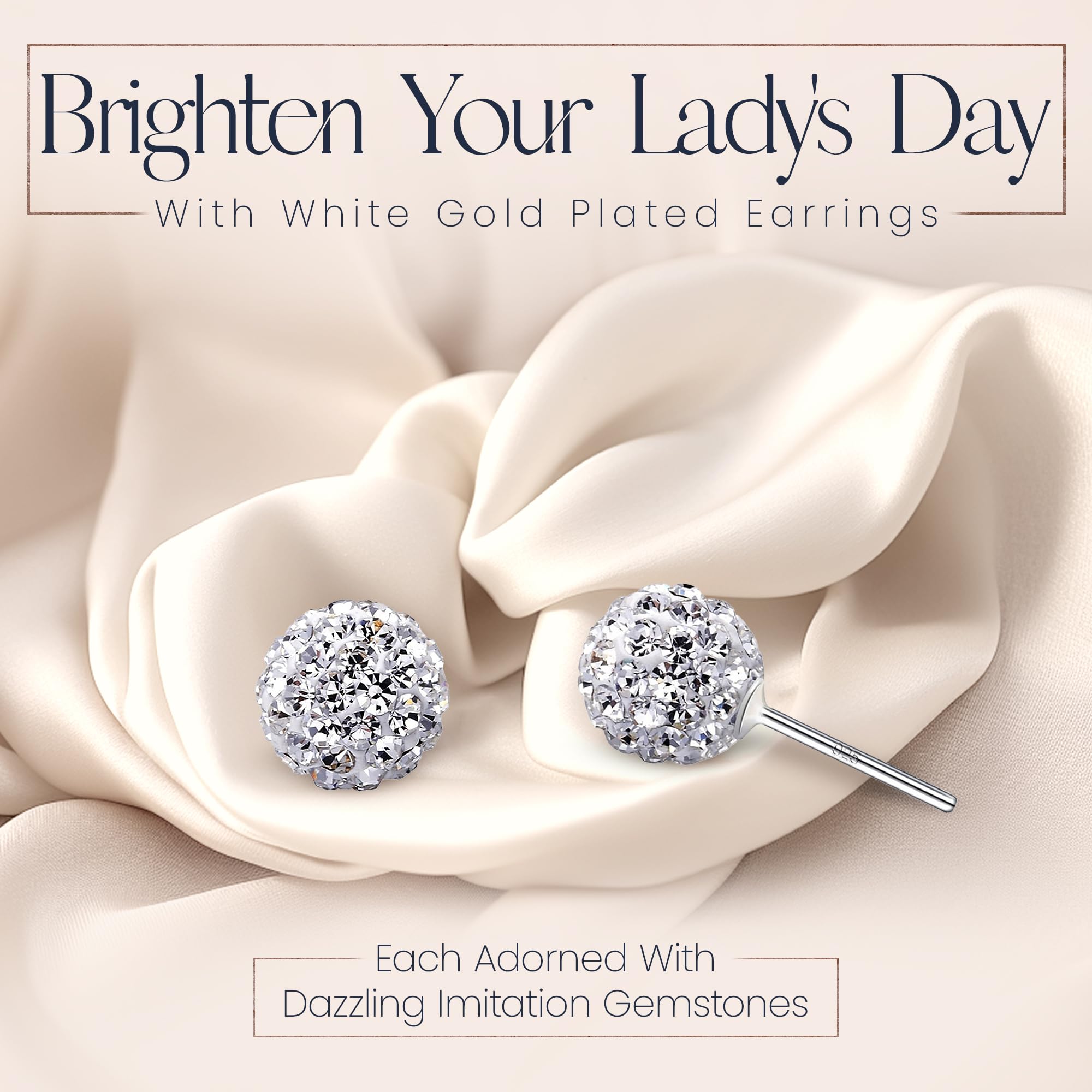 Crystal Line Azuria 925 Sterling Silver Earrings White Crystals Round Disco Ball Stud Earrings 8 mm for Women